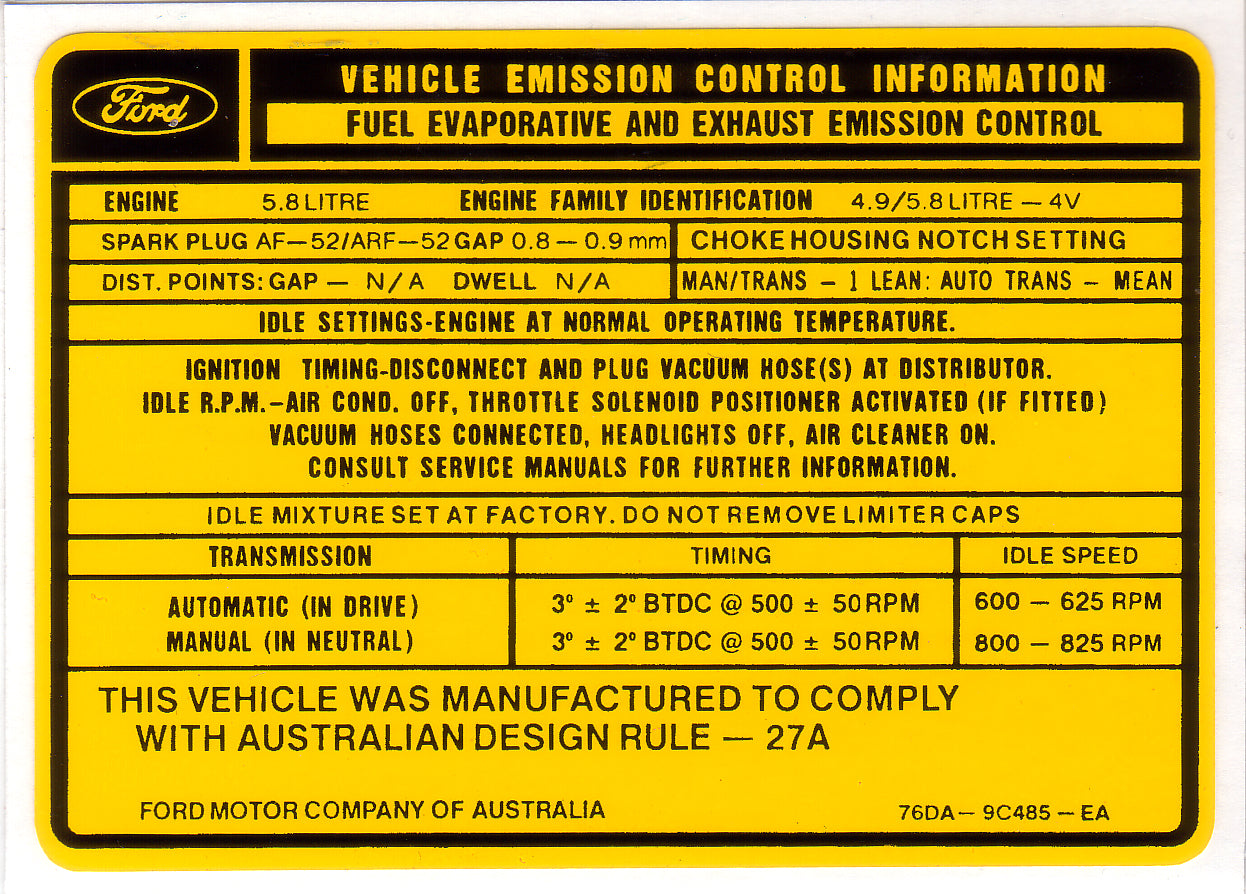 Ford V8 Exhaust Emission Decal XC 351 5.8 Yellow sticker engine Resto ...